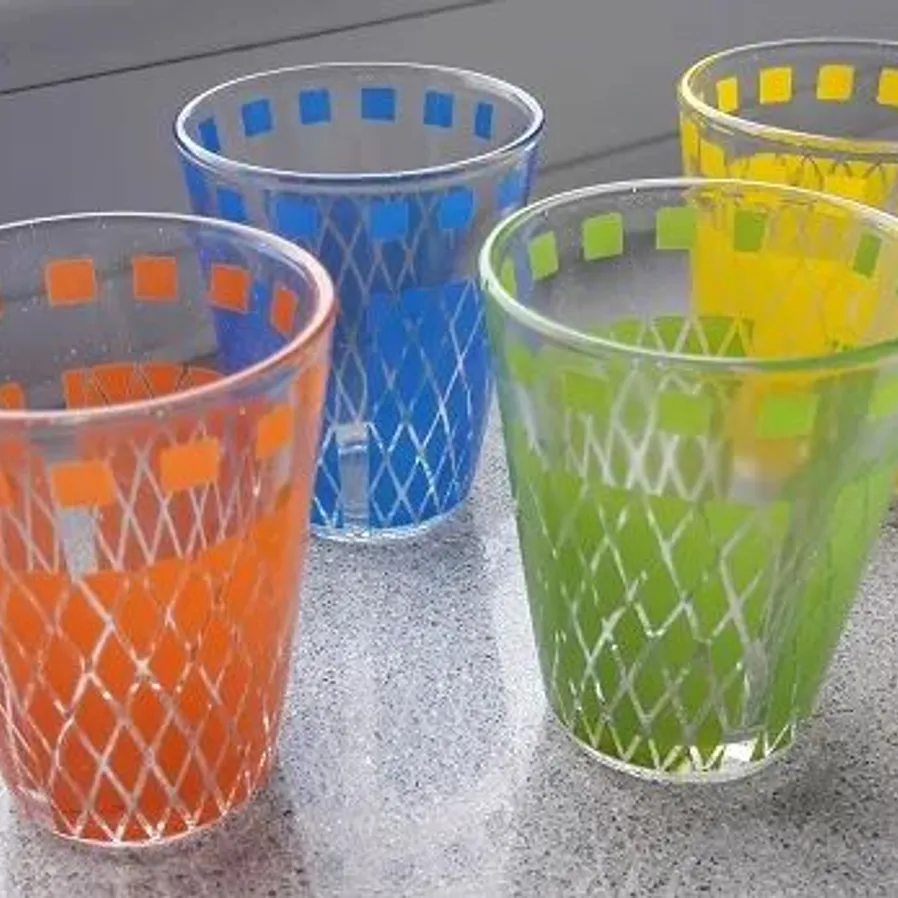 4 'MULTICOLOUR' SHOT GLASSES, retro, vintage, shabby chic, mid century ...