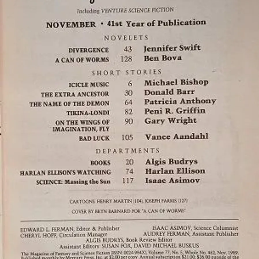 Fantasy & Science Fiction, Bova, Ellison, Bishop, Barr, Swift, US pb ...