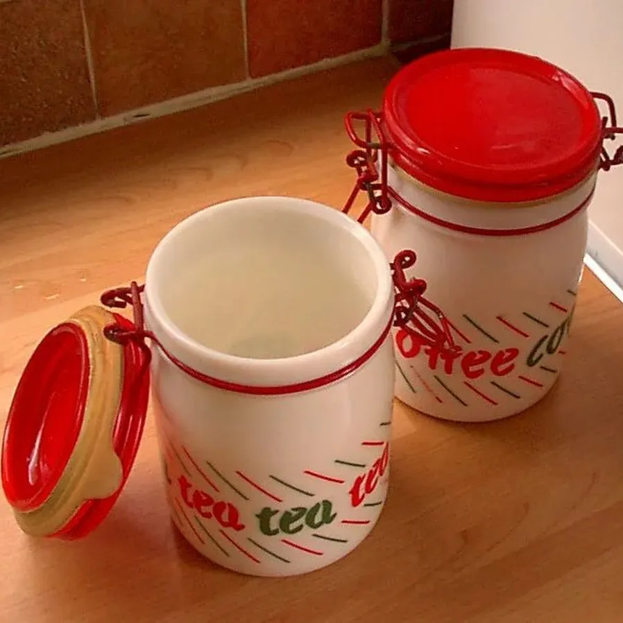 RED ENAMEL CLIP LID TEA/COFFEE Containers, vintage, retro, shabby chic ...